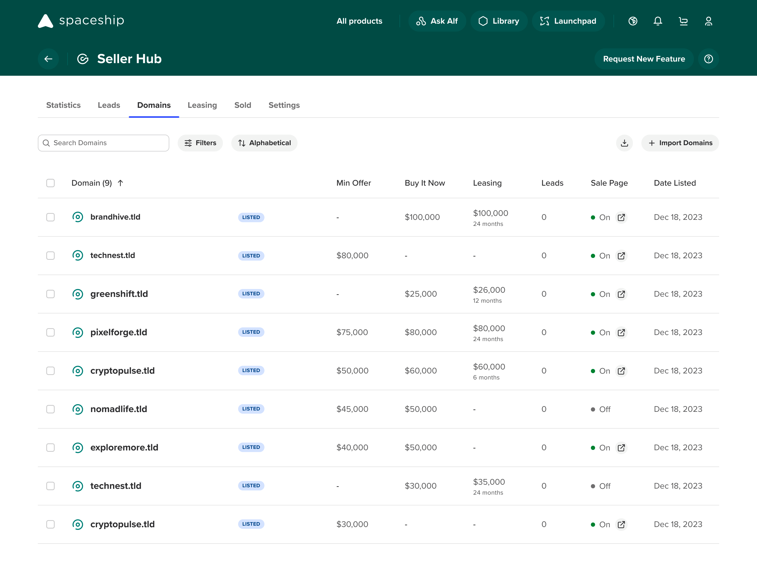 Sell domain names - SellerHub - Spaceship